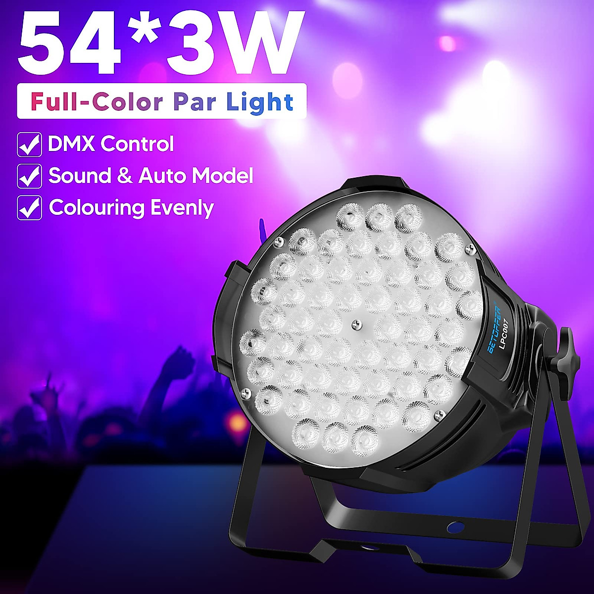 BETOPPER DJ Lights DMX Sound Activated, 54 x 3W LED Par Lights RGB Stage Lights DMX, DJ Par Lights for Church, Concert, Wedding, Party, Bar, Stage Lighting (4 Packs)