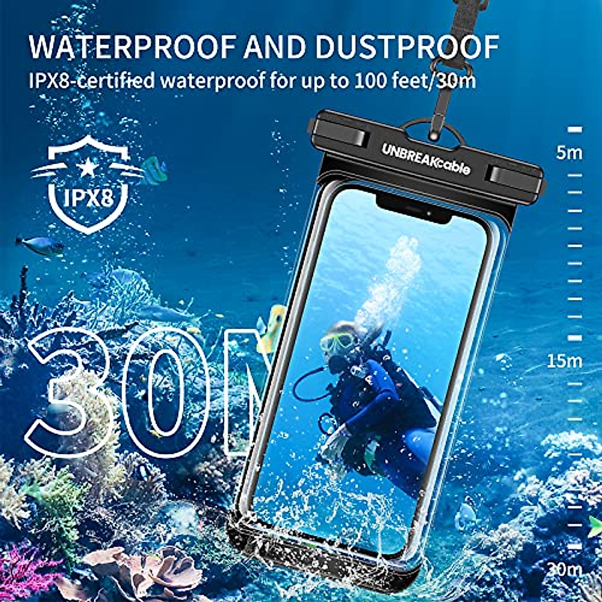 UNBREAKcable Waterproof Phone Pouch Case- 2 Packs[IPX8 Waterproof] [Sensitive Touch] [Up to 7"] Phone Holder Dry Bag Underwater Phone Case for iPhone 14 13 12 Pro Max Plus Mini, Samsung(Black+Black)