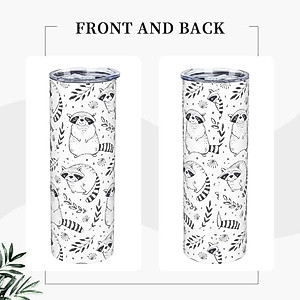 AFHYZY 20 oz Skinny Tumbler Reusable Coffee Travel Mug with Lids and Straws, Insulated Coffee Cups 20oz Stainless Steel Water Bottles Leak Proof for Home, Adults, Women - Raccoon