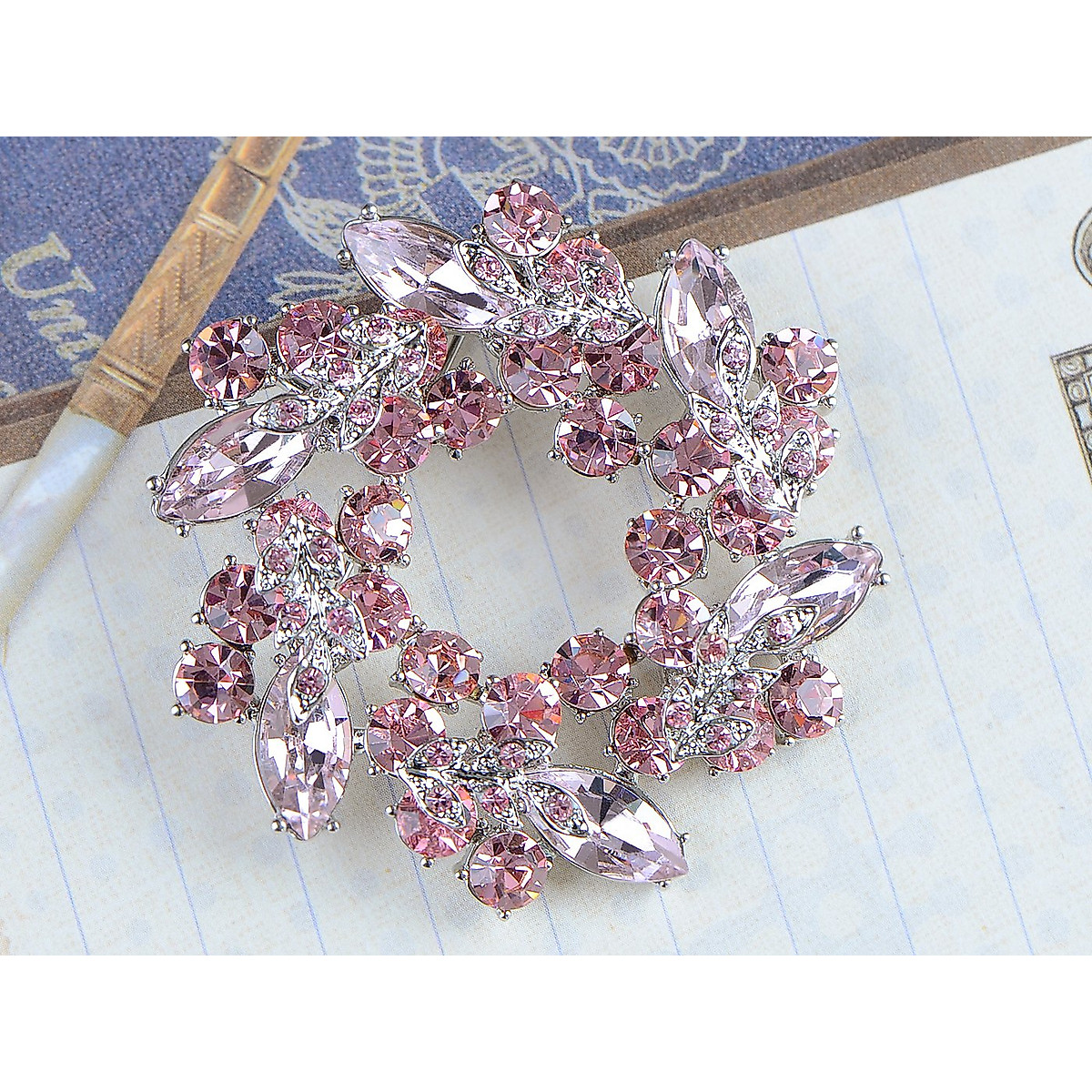 Alilang Womens Diamond Inspired Floral Wreath Holiday Christmas Old Fashion Brooch Pin, Pink