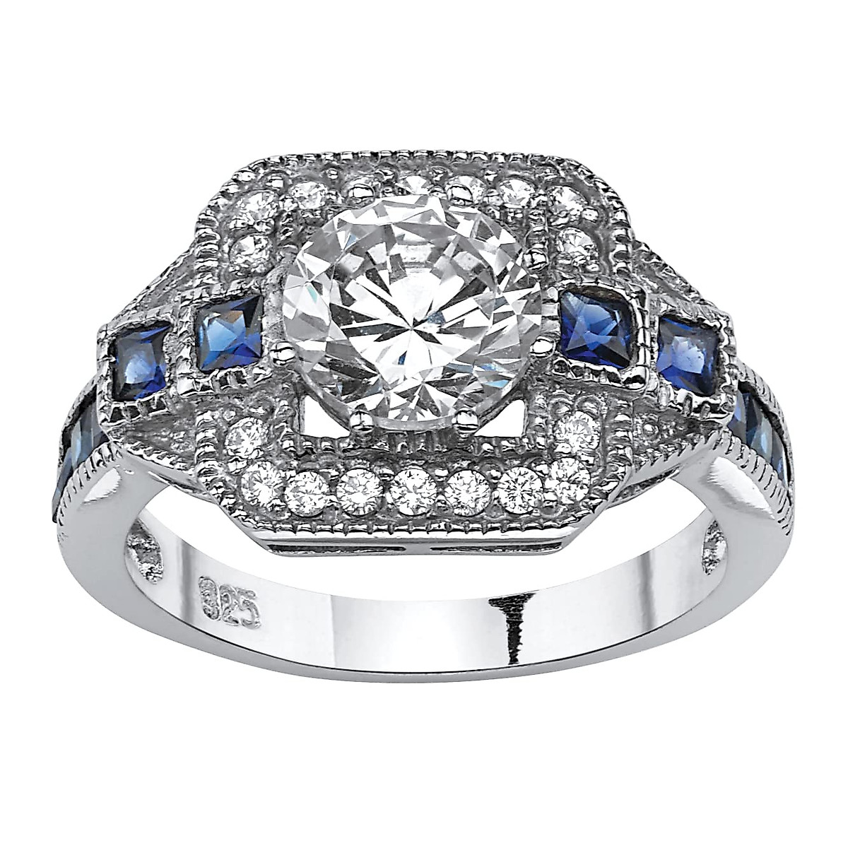PalmBeach Platinum-plated Sterling Silver Round Cubic Zirconia and Princess Synthetic Blue Sapphire Engagement Ring Sizes 6-10 Size 7