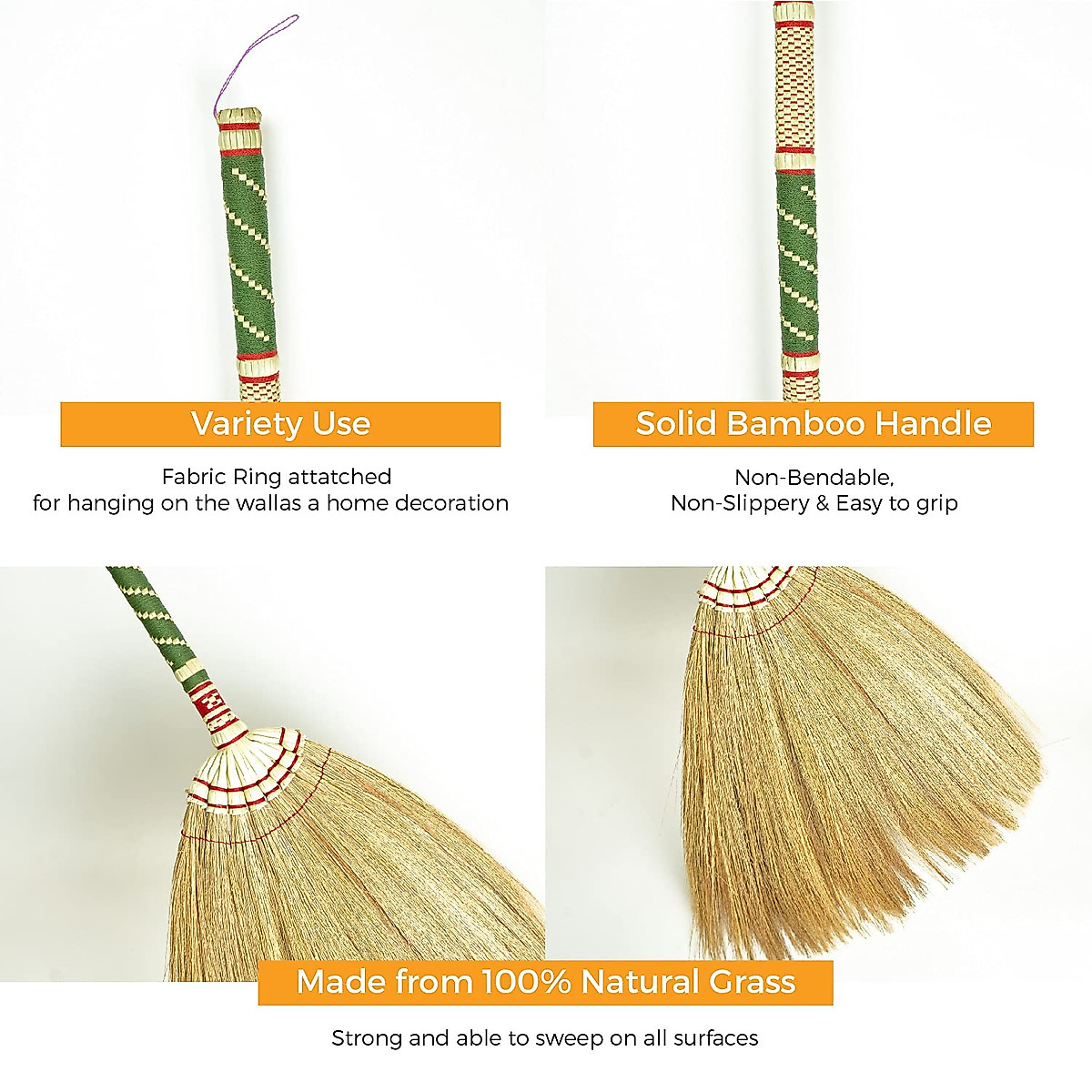 SN SKENNOVA Asian Broom for Cleaning Floor / Handheld Household Broom for Outdoor and Indoor : House Broom - Hardwood Sweeper with Brush Power and Circle Cleaning (Thai Pattern 1, Green)
