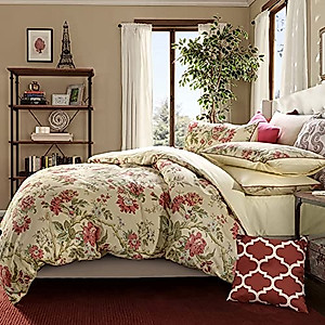 mixinni Red Floral Duvet Cover Queen Green Leaves Pattern Bedding Duvet Cover Set with Zipper Closure 4 Corner Ties for Him and Her-(3pcs, Queen Size)