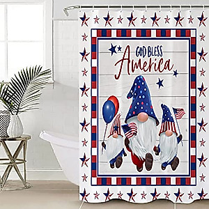 BestLives 4th of July Shower Curtain Sets with Rugs Buffalo Check Gnome USA Flag Non-Slip Soft Toilet Lid Cover for Bathroom Stars 4 Pcs Bathroom Sets with Bath Mat