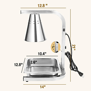 Restlrious Food Heat Lamp Freestanding Commercial Portable Food Warmer with 1 Full-Size Food Pan, Stainless Steel 120V Electric Food Heat Lamp Applicable to 250W Light Bulb, Fan-Shaped Lampshade