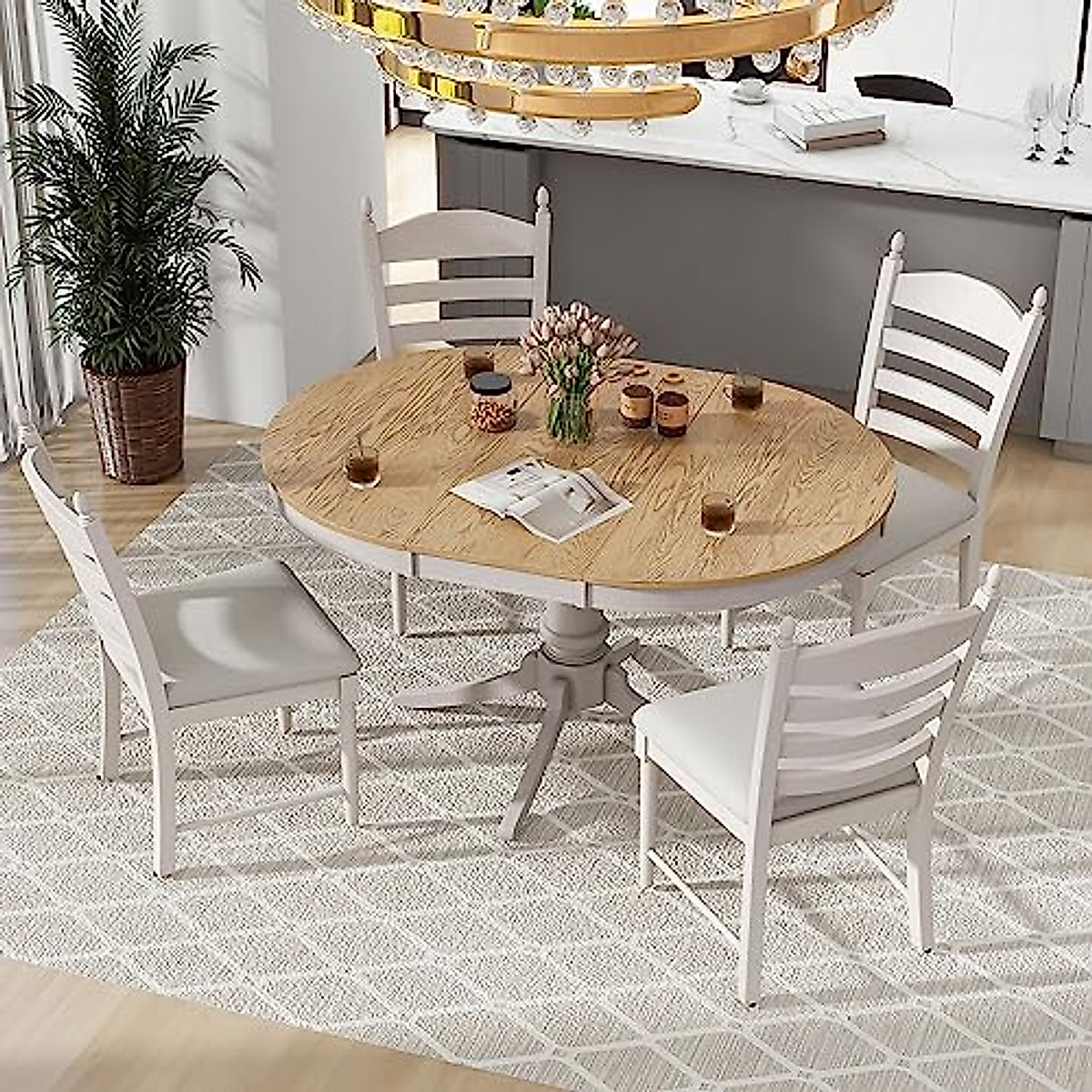 POCIYIHOME 5-Piece Retro Functional 42"-58" Wood Round Extendable 4 Upholstered Chairs, Set of 5, Family Dining Table Set for Restaurant, Kitchen (Off White)