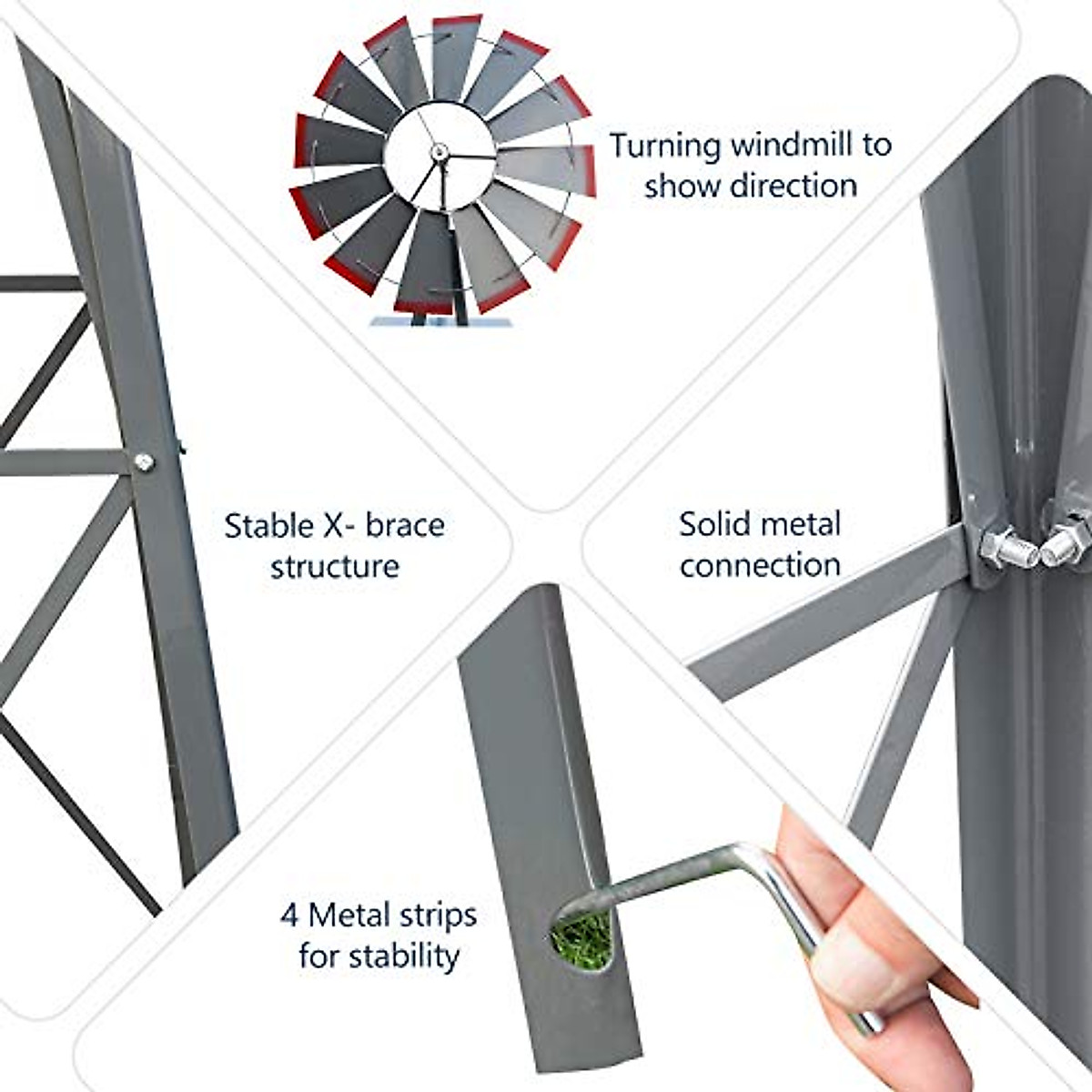 HAHASOLE 8ft Garden Windmill, Heavy Duty Durable Metal Weather Vane for Backyard, Ornamental Windmill for Yard Weather Resistant (Gray, 8FT)