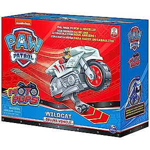 Paw Patrol, Moto Pups Wildcat’s Deluxe Pull Back Motorcycle Vehicle with Wheelie Feature and Toy Figure
