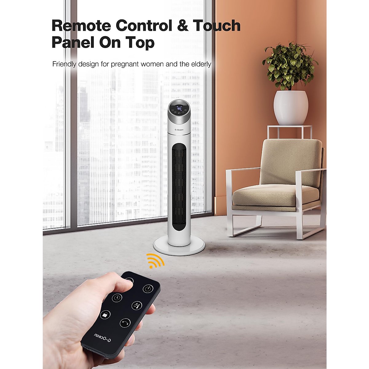 Space Heater for Large Room, 34" Tower Heater with Remote, 1500W Space Heater with 12H Timer, 70° Oscillating, Adjustable Thermostat, Overheating & Tip-over Protection for Garage, Home Indoor Use