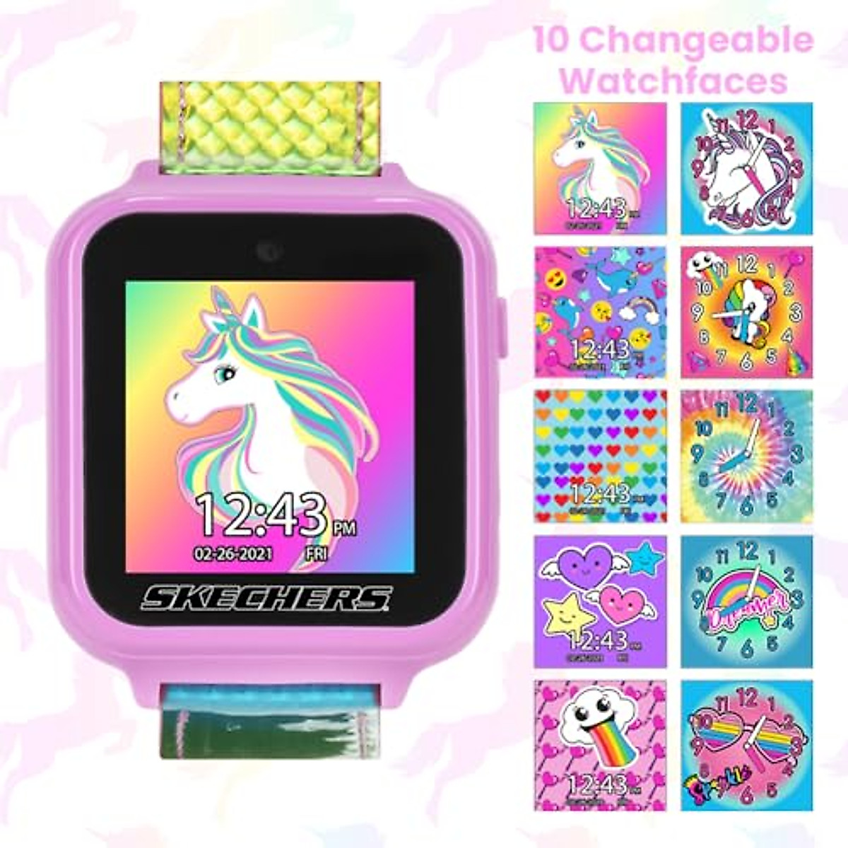 Skechers Kids Smart Watch with Rainbow Iridescent Strap, Games, Camera, & Fitness Tracker – Fun & Colorful Digital Watch with Touchscreen, Alarm, and Step Counter, Perfect for Everyday Wear and Play