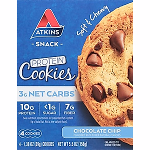 Atkins Chocolate Chip Protein Cookie, Protein Dessert, Rich in Fiber, 3g Net Carb, 1g Sugar, Keto Friendly, 4 Count