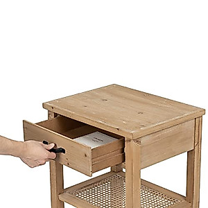 Brown Natural Solid Wood End Table with Drawer, Industrial Nightstand Sofa Side Table with 2 Tier Rattan Shelf, Fit for Bedroom, Living Room