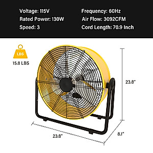 Simple Deluxe 20 Inch Heavy Duty Metal Industrial Drum Fan, 3 Speed Floor Fan for Warehouse, Workshop, Factory and Basement, Yellow