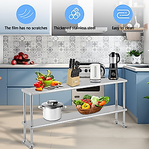 Agrestem Stainless Steel Double Shelf,72 Inch Restaurant Kitchen Shelf, Supports Up to 800 Pounds, NSF Commercial Adjustable Double Shelf 2 Tier for Restaurant, Kitchen and Workshop, Silver