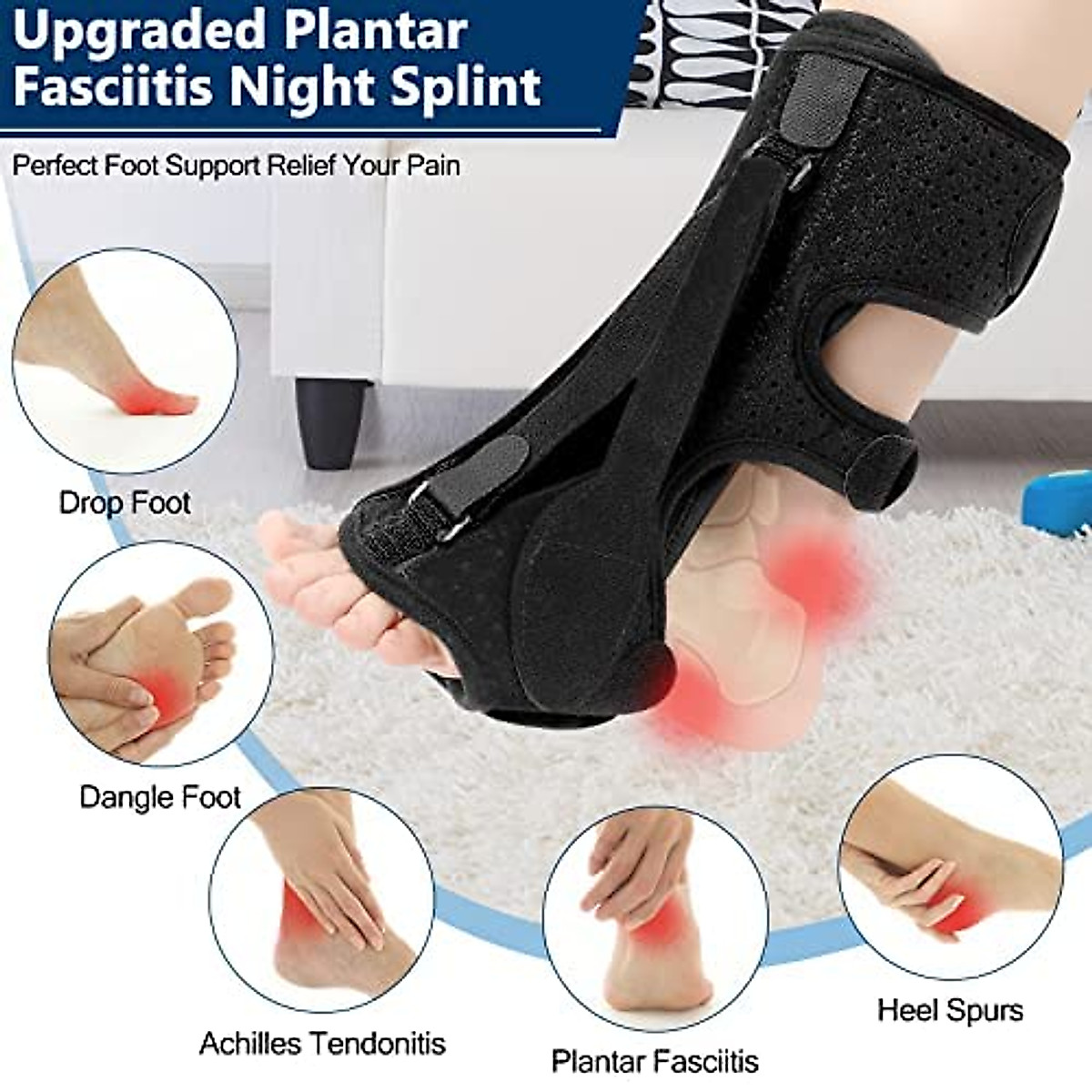 IKUSELY Upgrade Plantar Fasciitis Night Splint, Plantar Fasciitis Relief Brace, 3 Adjustable Straps Plantar Fasciitis Night Splint Relief Plantar Fasciitis, Foot Drop, Achilles Tendonitis, Day&Night (Black) (Black)