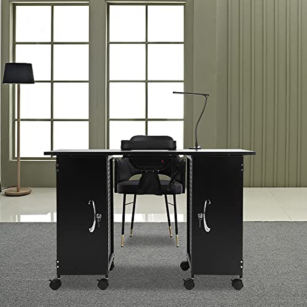 mefeir Manicure Table Nail Desk w/Electric Downdraft Vent,Iron Frame Beauty Spa Salon Workstation w/Wrist Rest,Lockable Cabinets,Casters & Clip-On LED Lamp,Black(43.3''L x 16.9''W x 29.5''H)