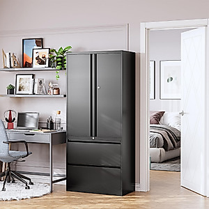 2-Drawer Metal File Cabinet, Lateral Vertical Filing Cabinets for Home Office, Locking File Cabinet with Storage Shelves, Legal/Letter/A4 Size Office File Cabinet, (Black, Assemble Required)