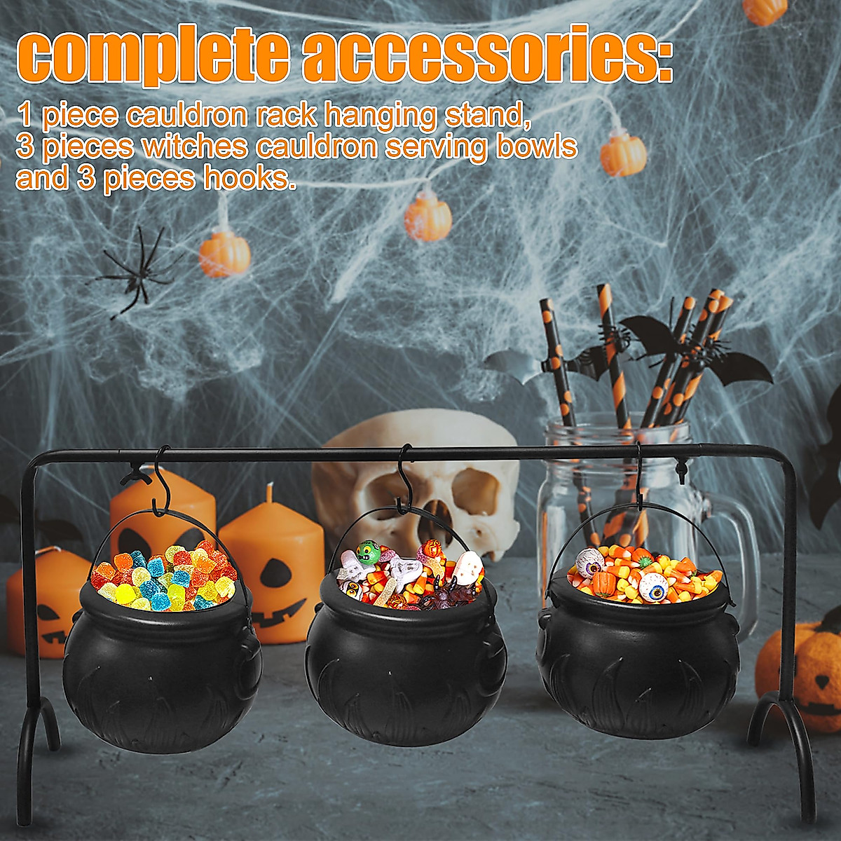 Zhitaoxun 3pcs Witches Cauldron Serving Bowls with Iron Rack,Halloween Party Decotations,Black Plastic Candy Bucket Cauldron Bowls for Halloween Outdoor and Indoor Decor