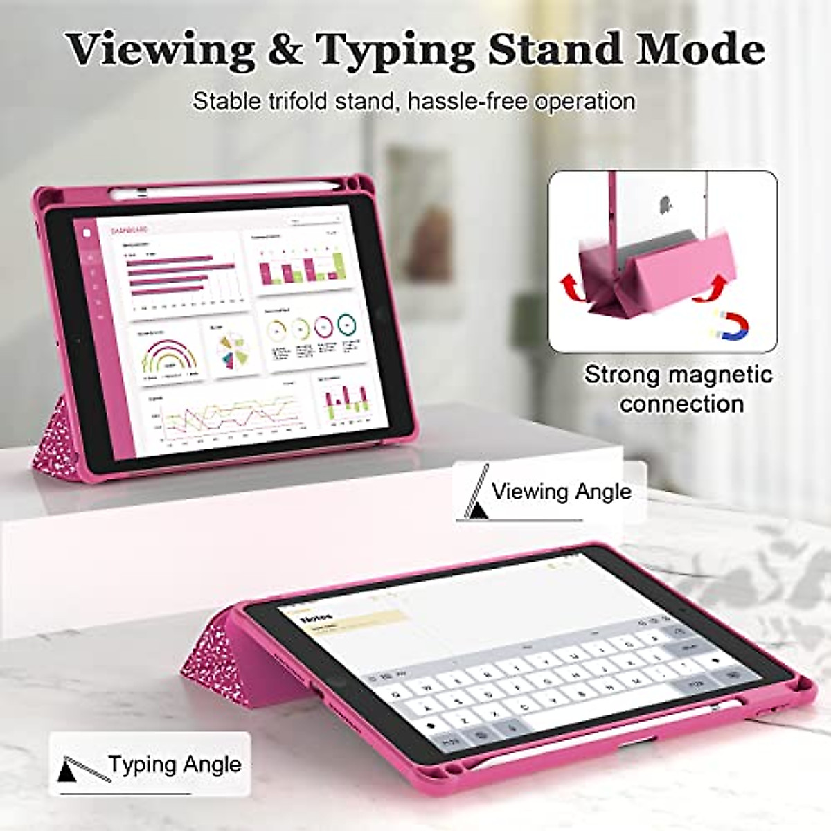 OKP for iPad 9th/8th/7th Generation Case (2021/2020/2019), iPad 10.2 inch Cases with Trifold Stand, Slim ipad 9/8/7 Cover with Pencil Holder for Kids Women Men, Clear Back Shell, Composition Book Pink