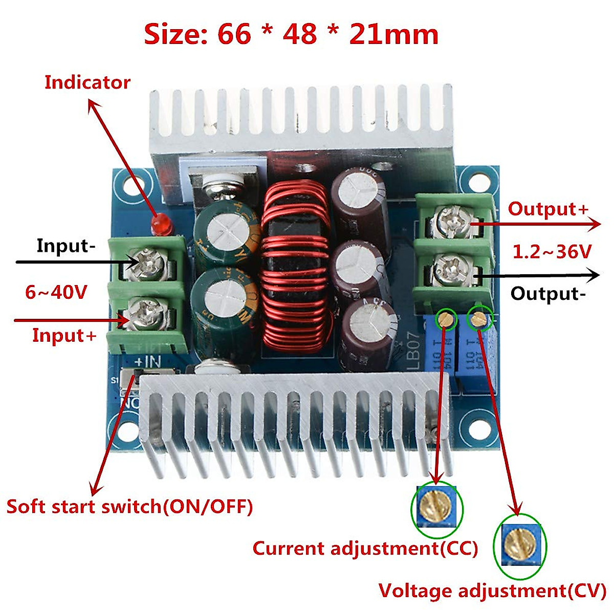 Anmbest Constant Current CC CV Buck Converter Module DC 6-40V to 1.2-36V 20A 300W Adjustable Step Down Voltage Regulator Power Supply Module with Short Circuit Protection Function