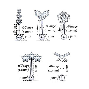 Vsnnsns 16G Rook Daith Piercing Jewelry Stainless Steel 8mm Curved Barbell Eyebrow Rings Helix Tragus Belly Lip Rings CZ Piercing Jewelry Cartilage Daith Rook Earrings for Women Men 12pcs Silve