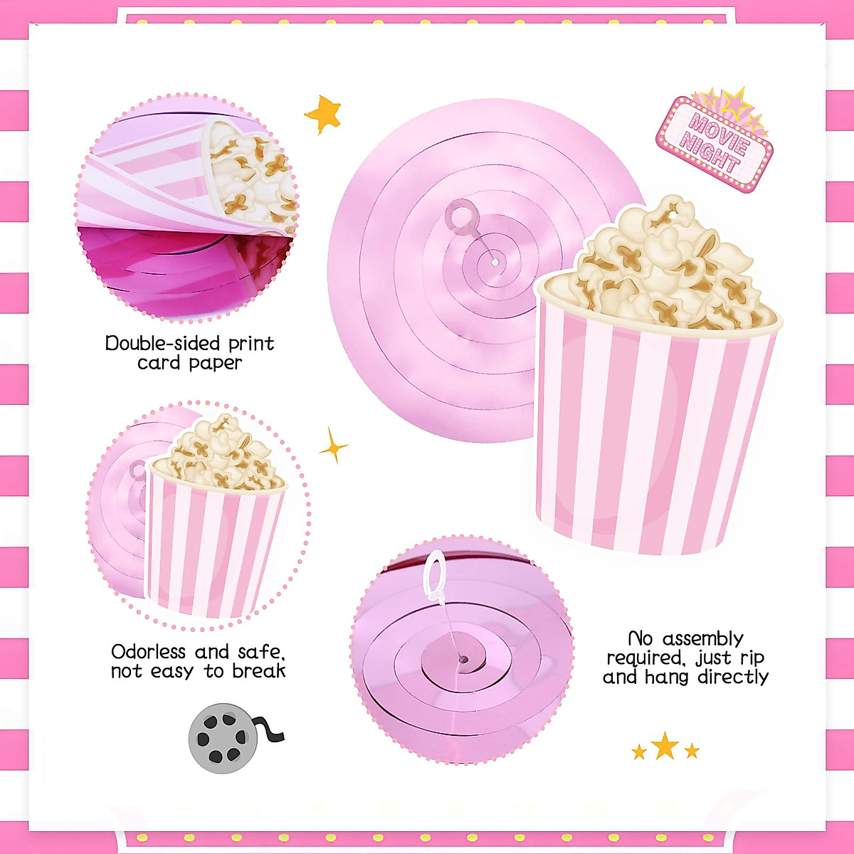 K KUMEED Movie Night Party Decorations,Pink Movie Theme Hanging Swirl Decorations,Cute Popcorn Foil Swirls Ceiling for Baby Shower Birthday Party Film Party Supplies Family Party Girls Boys