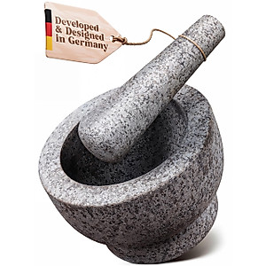 ChefSofi Mortar and Pestle Set - 6 Inch - 2 Cup Capacity - Unpolished Heavy Granite for Enhanced Performance and Organic Appearance - Included: Anti-Scratch Protector + Italian Recipes EBook