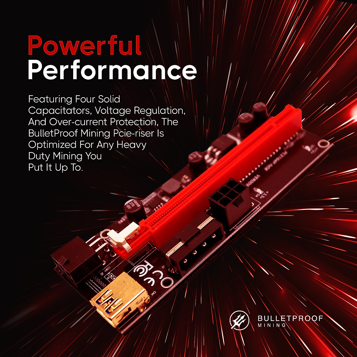 BulletProof Mining Graphics Card PCIe Riser VER 009S 16x to 1x Powered Riser Adapter Card w/ USB 3.0 Extension Cable & 6-Pin PCI-E to SATA Power Cable | Bitcoin | Ethereum Mining