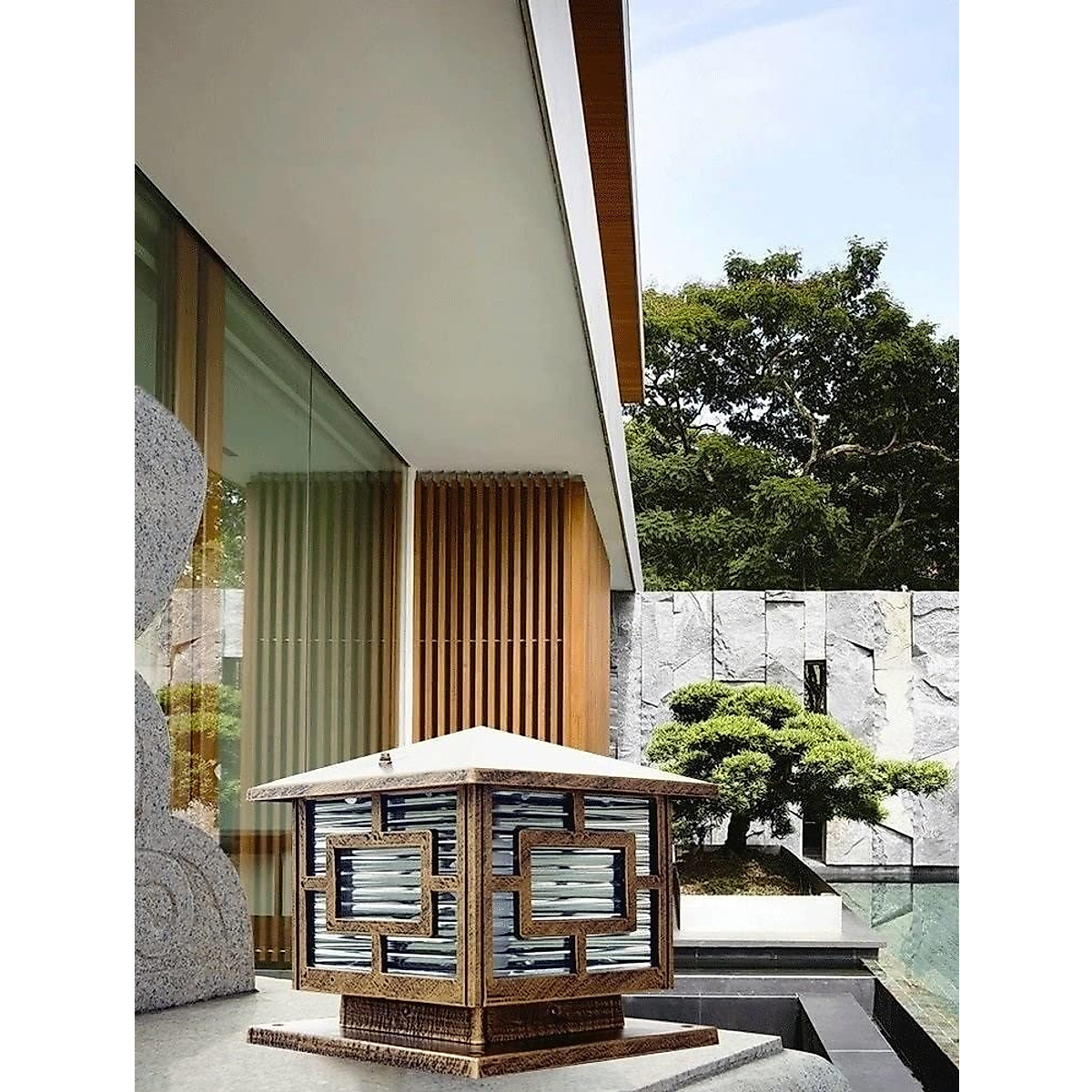 MODEBHD European E27 Column Lights Continental Victoria 1-Light Glass Lantern Bronze 25CM Column Lamp Outdoor Table Lamp Modern Simple Aluminum Waterproof Street Post Light Decoration Illumination