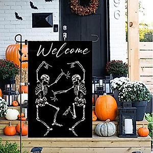Welcome Halloween Garden Flags 12 X 18 Inch Double Sided Burlap Yard Decor Skeleton Garden Flag for Outdoor