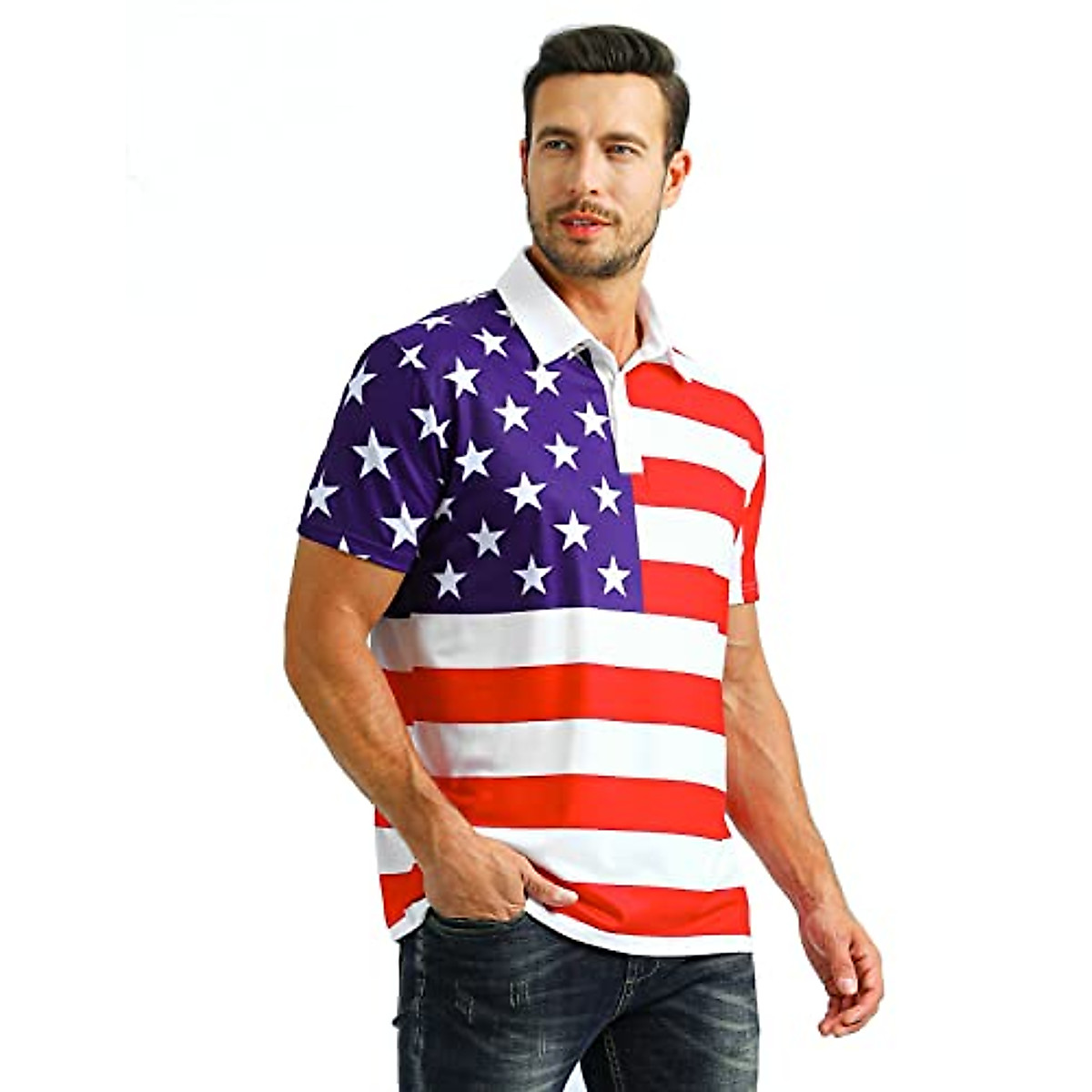 LINOCOUTON Mens American Flag Patriotic Golf Polo Shirt 4th of July Short Sleeve Stars Stripes Pieced Outfit, White, Large