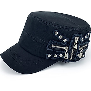 REDSHARKS Women Soft Washed Cotton Zip Cadet Army Cap Adjustable Military Hat Flat Top Baseball Sun Cap Zipper Stud Black