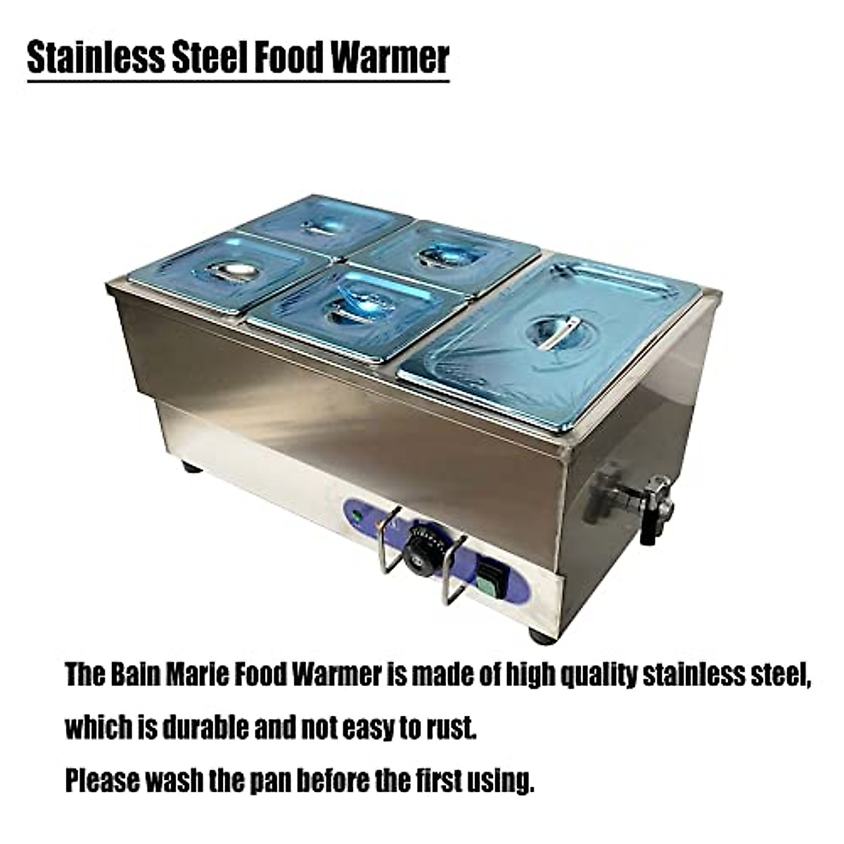 HQHAOTWU 5-Pan Electric Food Warmer Commercial Bain Marie Buffet Stainless Steel Soup Warmer Food Container for Catering Restaurant Canteen with One 1/3 Pan and Four 1/6 Pans