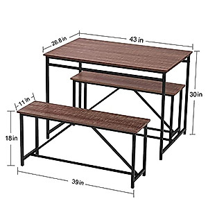 Panana 3 Piece Dining Room Table Set 43 Inch Kitchen Table with Two Benches Breakfast Table Top with Sew Kerf Finish Metal Frame Dining Room Home Rustic Brown