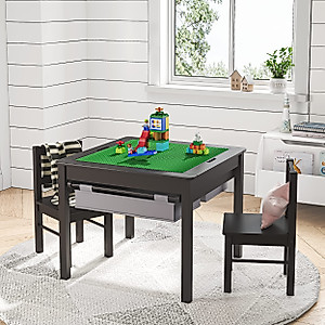 UTEX Wooden 2 in 1 Kids Construction Play Table and 2 Chairs Set with Storage Drawers, and Built in Plate Compatible with Lego and Duplo Bricks (Espresso with Grey Drawer)