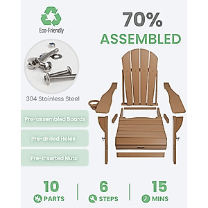 Ciokea Folding Adirondack Chair Wood Texture, Patio Adirondack Chair Weather Resistant, Plastic Fire Pit Chair with Cup Holder, Lawn Chair for Outdoor Porch Garden Backyard Deck (Teak)