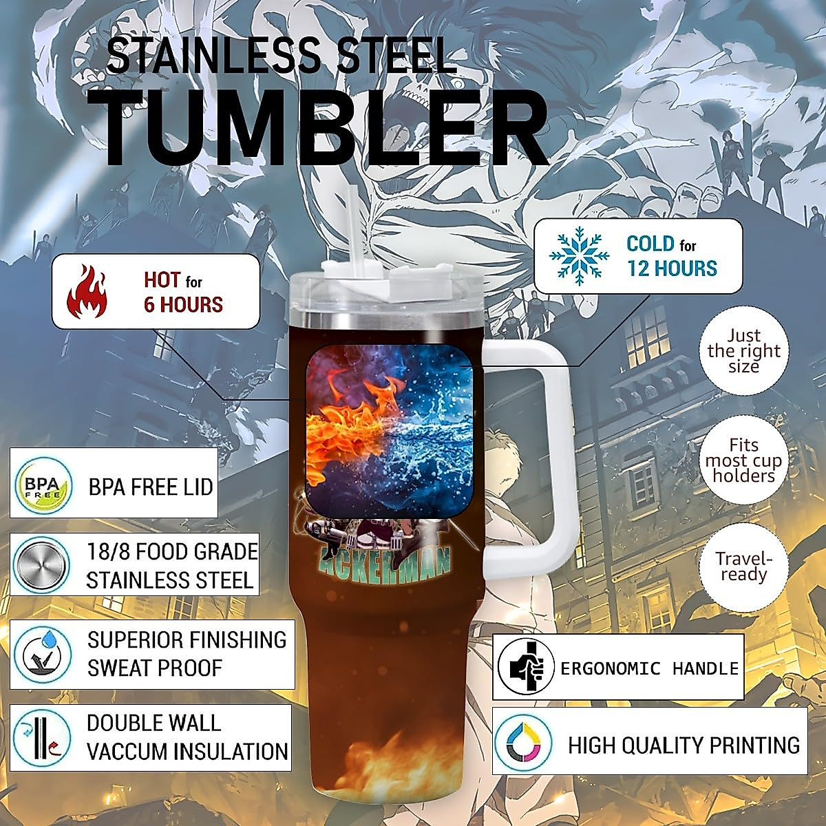 TEEDUU Tumbler 40 Oz Insulated Tumbler With Handle Stainless Steel Double Wall Vacuum AOT Anime Tumblers Hot Cold Tea Coffee Travel Cup Thermos Mug Gift for men women