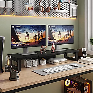 WESTREE Dual Monitor Stand Riser, Wood and Steel Monitor Stand Riser, Computer Monitor Stand for 2 Monitors, Multi-Purpose Desktop Storage Stand for Computer,Laptop,Printer,TV