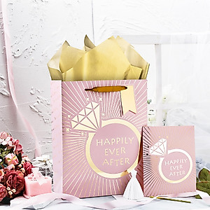 Loveinside Wedding Gift Bag with Tissue Paper, Gift Tag and Greeting Card for Wedding, Birthday, Party, and More - 10" x 5" x 13", 1 Pcs, Wedding Ring Pink