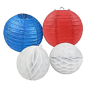 Labor Days Party Decorations Veterans Day Party Decorations Patriotic Decorations Navy White Red Tissue Pom Poms Paper Lanterns Paper Honeycomb Ball Blue Red White Paper Star Garland Party Supplies