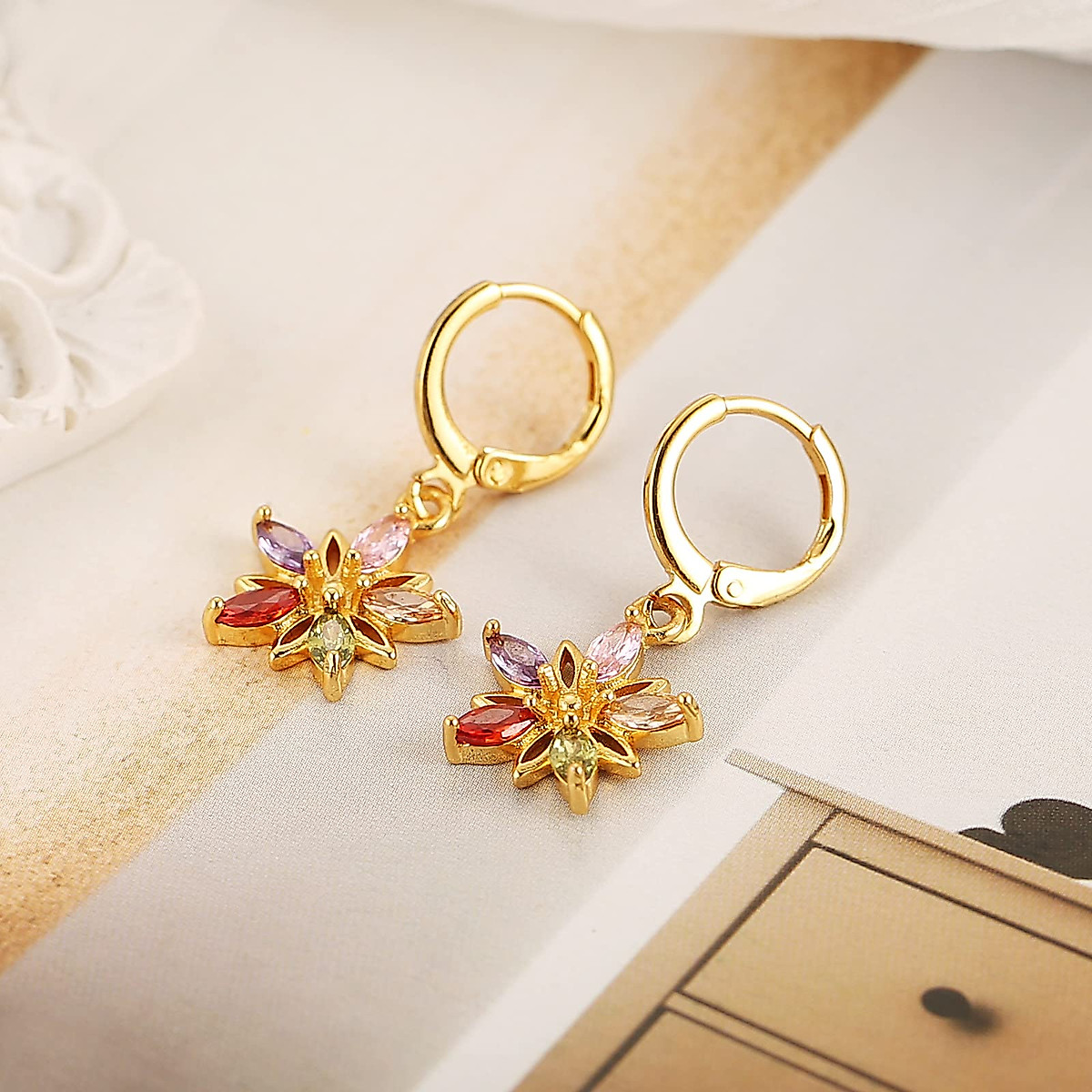 HZMAN 14K Gold Plated Sterling Silver Crystal Flower Earrings for Women Cubic Zirconia Drop Dangle Earring Fashion Earring Jewelry Gift (Colorful Flower)