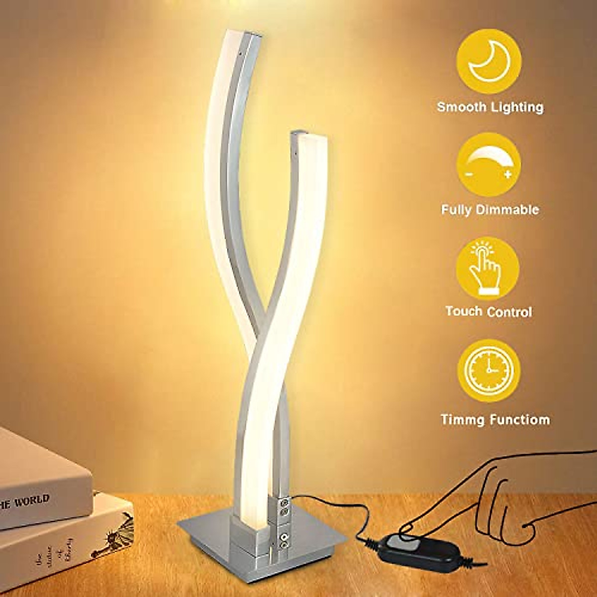 KARMIQI Dimmable LED Table Lamp Modern, Touch Control Desk Lamp, Arc Minimalist Contemporary Bedside Lamps for Bedroom Reading Living Room
