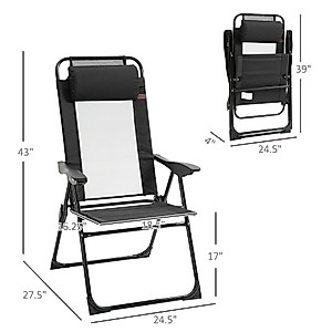 Outsunny Folding Patio Chairs Set of 2, Outdoor Deck Chair with Adjustable Sling Back, Camping Chair with Removable Headrest for Garden, Backyard, Lawn, Black