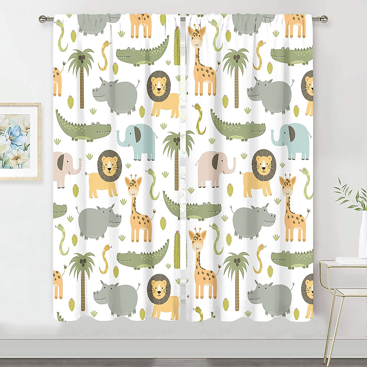 MESHELLY Kids Safari Curtains 42W X 63H Inch Rod Pocket Cute Cartoon Animals Baby Boy Nursery Bedroom Decor Woodland Jungle Lion Elephant Curtains for Children Living Room Window Drapes Fabric