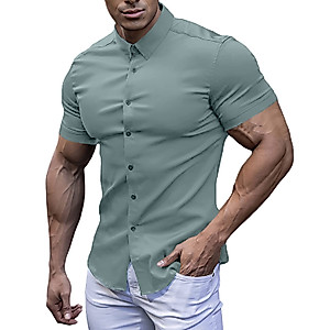 Casual Men's Muscle Fit Dress Shirts Short Sleeve Athletic Fit Button Down Shirts Light Green L