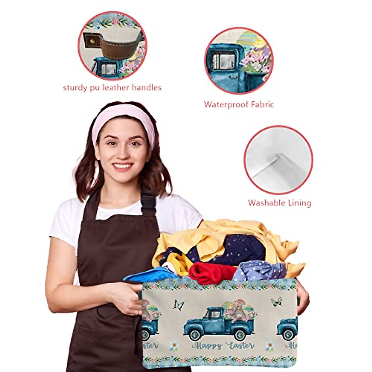 1 PCS Large Storage Basket Bins Waterproof Fabric, Easter Rectangular Storage Box for Shelf Closet Organizer Easter Egg Easter Bunny Butt Blue Plaid Spring Holiday Rustic