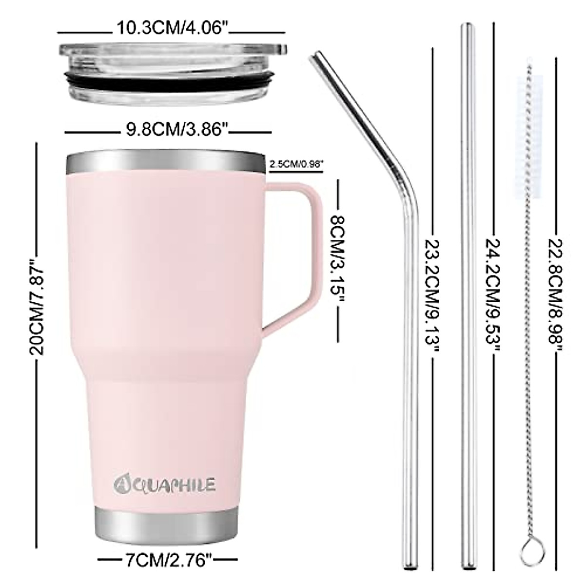 AQUAPHILE 30oz Stainless Steel Insulated Coffee Mug with Handle, Double Walled Vacuum Travel Cup with Lid & Straw, Reusable Thermal Coffee Cup, Portable Coffee Tumbler, for Hot&Cold Drinks(Pink)