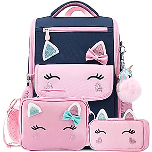 AO ALI VICTORY Girls Backpack with Lunch Box Set Kawaii School Bag Large Elementary Kindergarten Bookbags