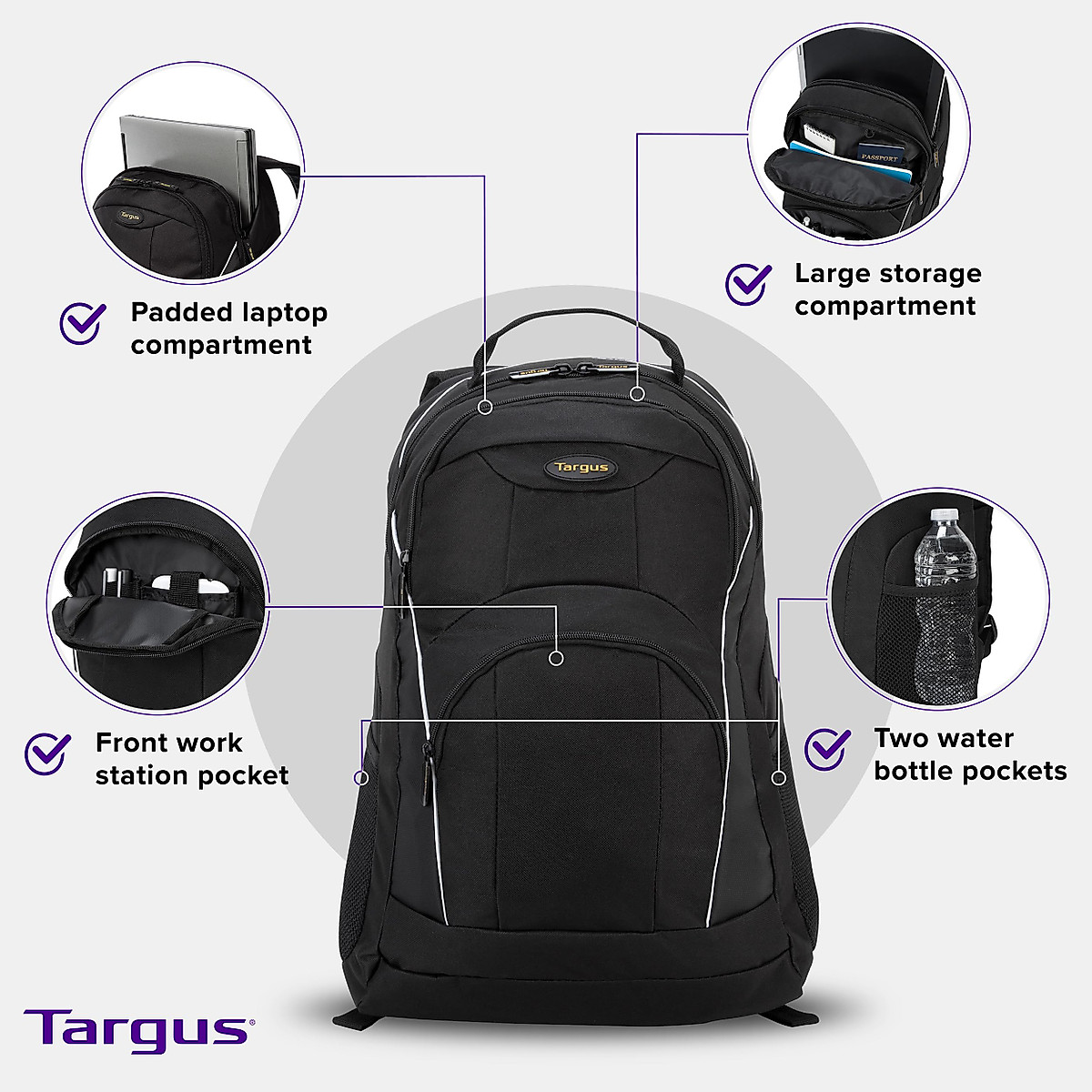 Targus Motor Backpack Ultimate Laptop Protection for Business Professional & College Student Travel with Durable Water-Resistant Material, Back Padding Support, Fits 16-Inch Laptop, Black (TSB194US)