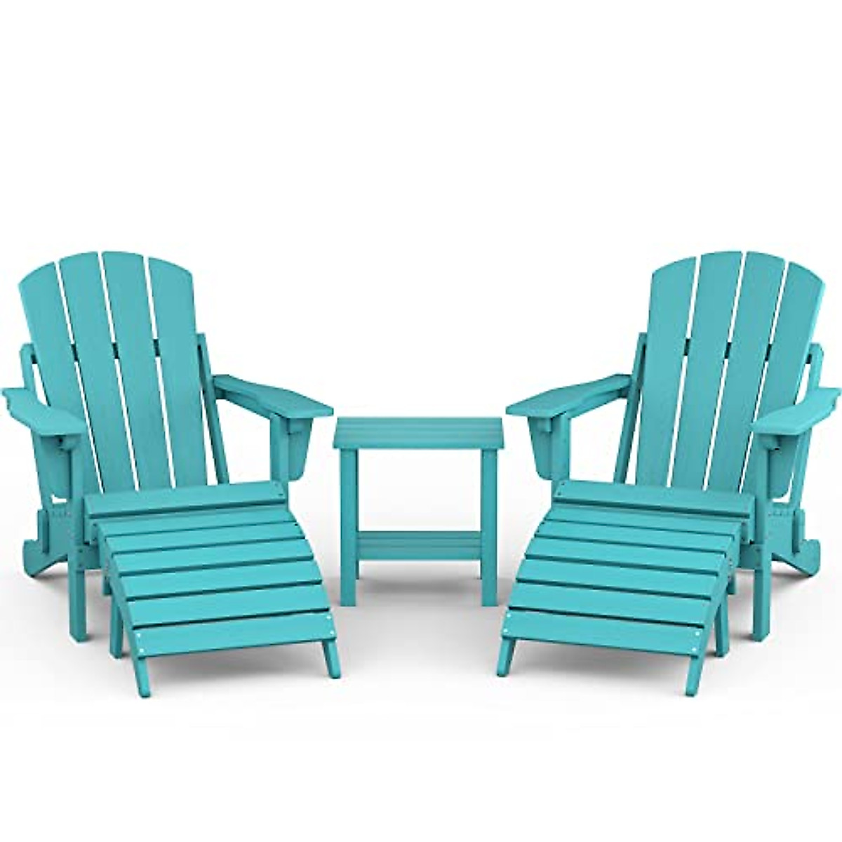 SERWALL 5-Piece Adirondack Chair and Ottoman and Table Set, Weather Resistant Adjustable Backrest Adirondack Chair with Ottoman and Side Table, Adirondack Chair for Backyard, Garden, Deck, Cyan Blue